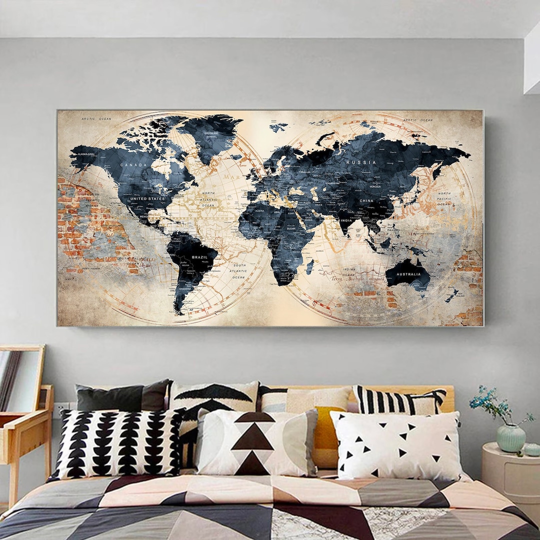 Large Abstract World Map Art Poster, Push Pin Map Painting, Landscape ...