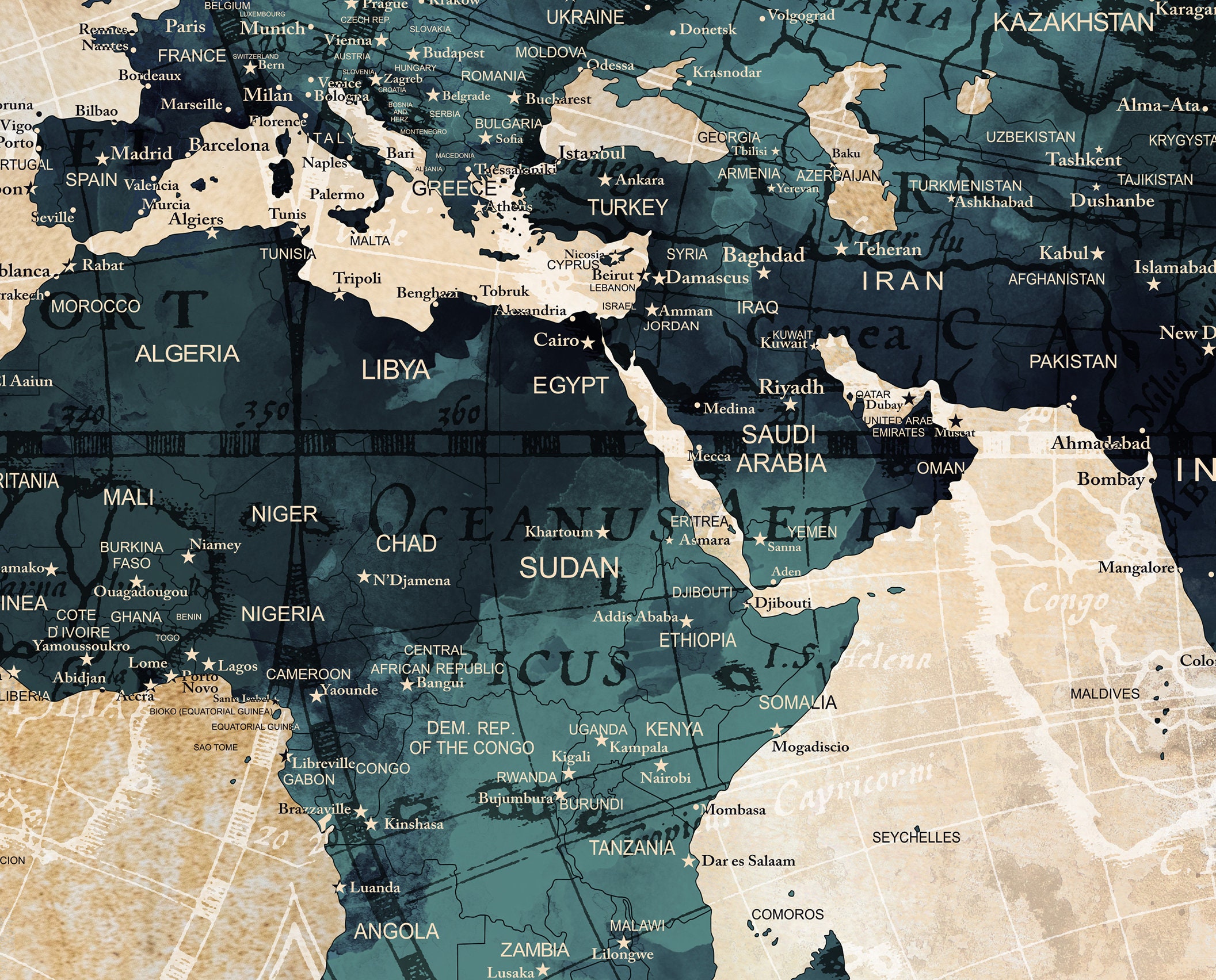 Extra Large Wall Art World Map Watercolor Poster Print Beige and Navy ...