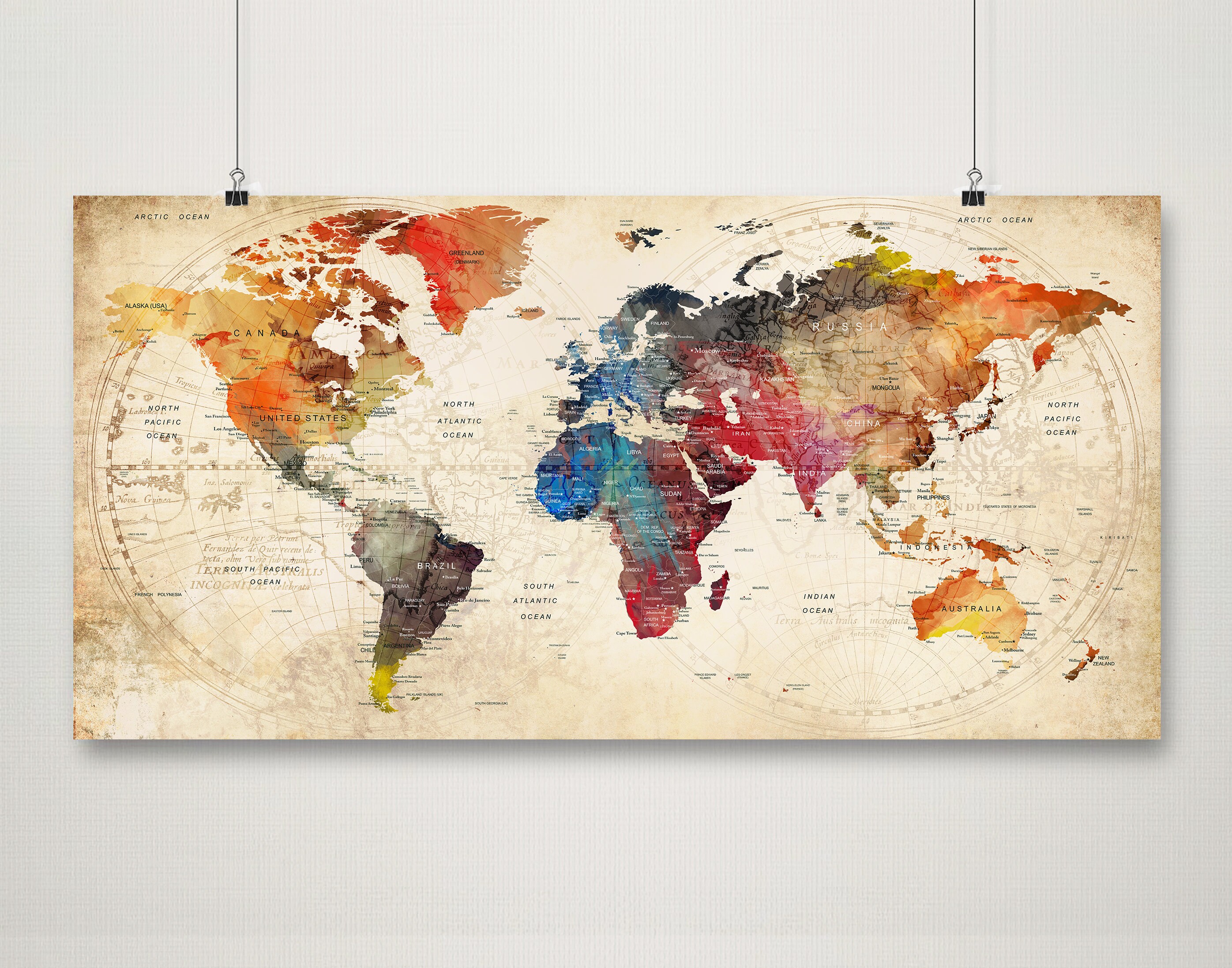 Watercolor World Map Poster: Rustic Push Pin Travel Art - Etsy