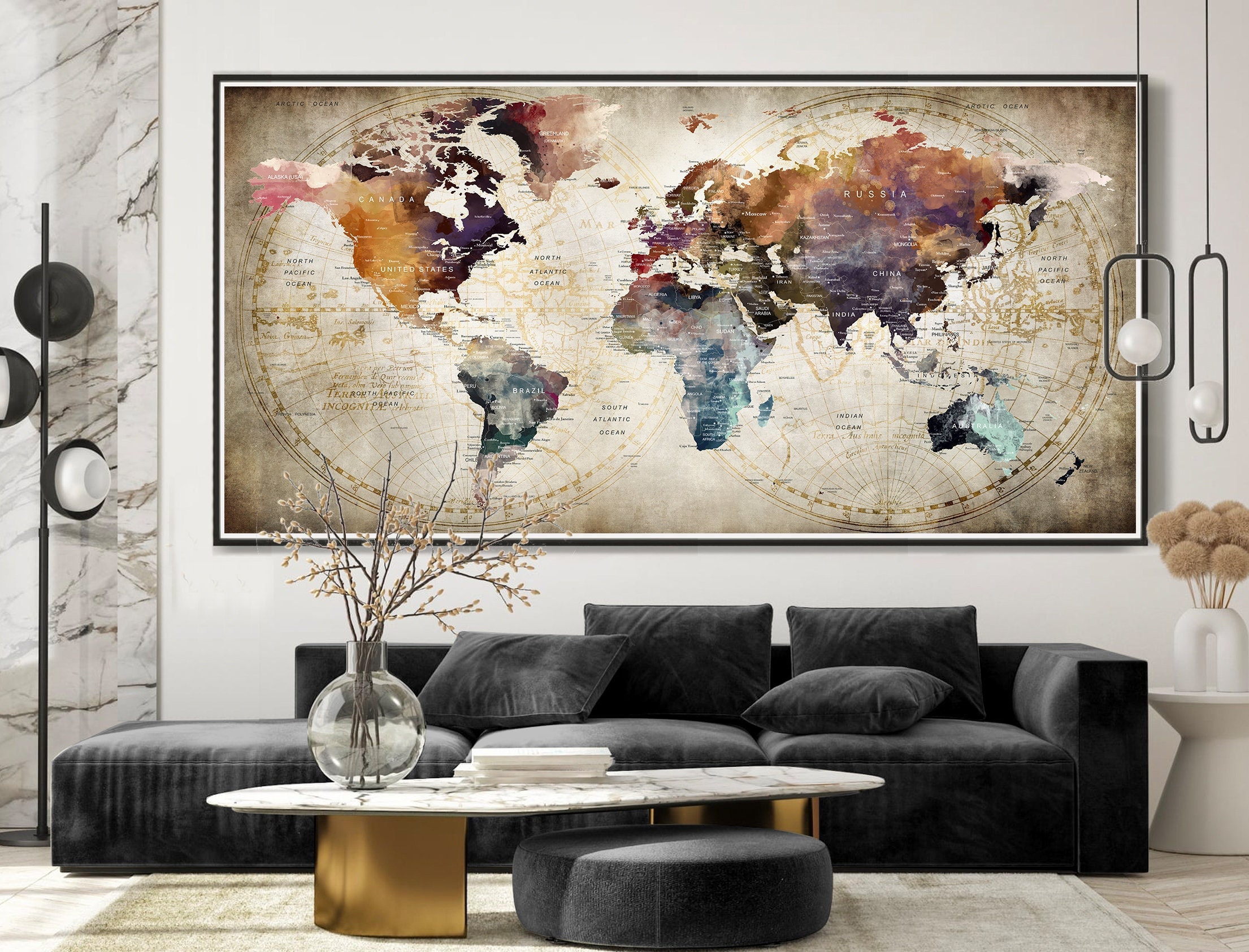 World Map Push Pin Watercolor Poster, Exclusive Blue Pushpin Travel Map ...