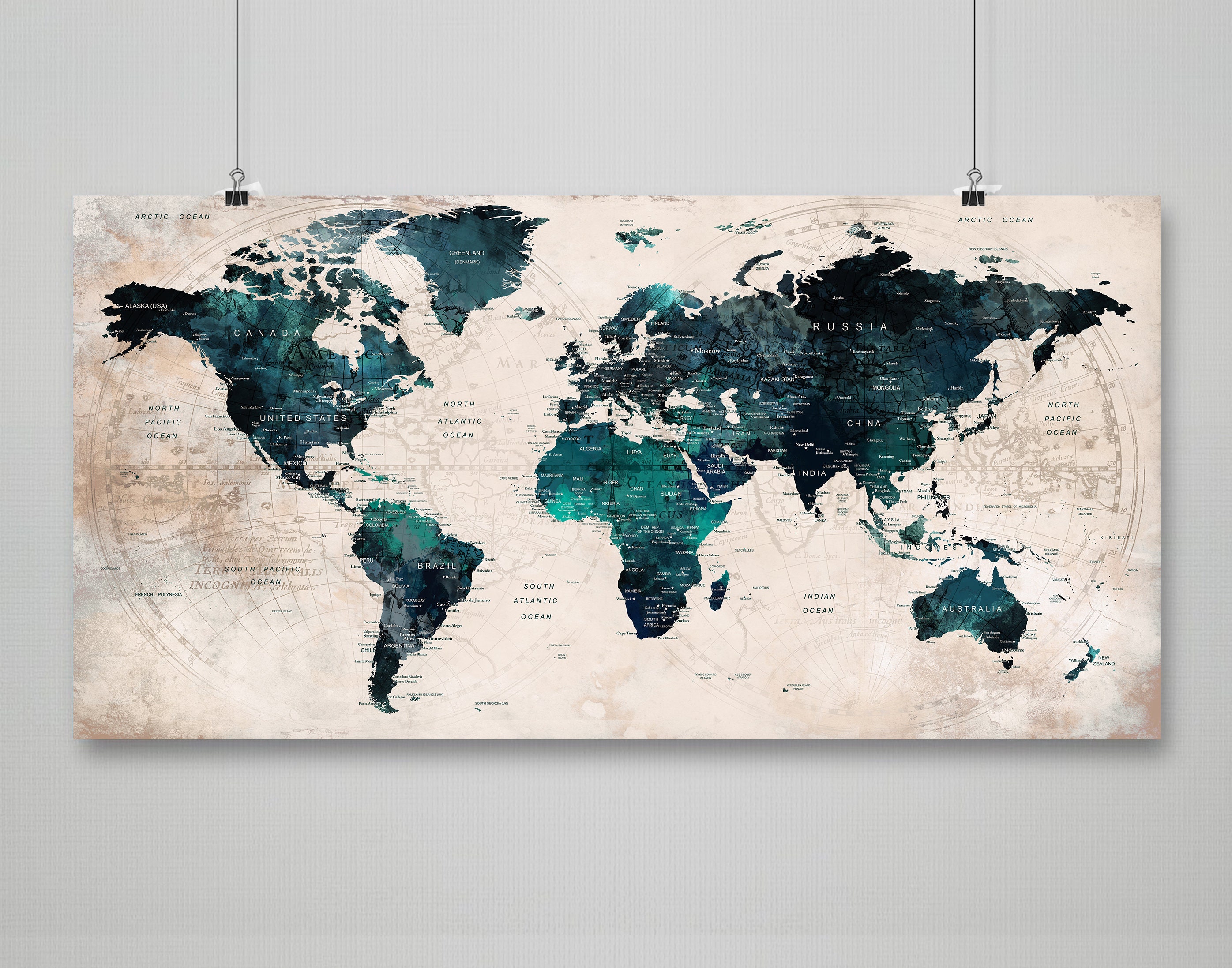 World Map Poster, World Map Decor Large World Map Travel Art Push Pin ...
