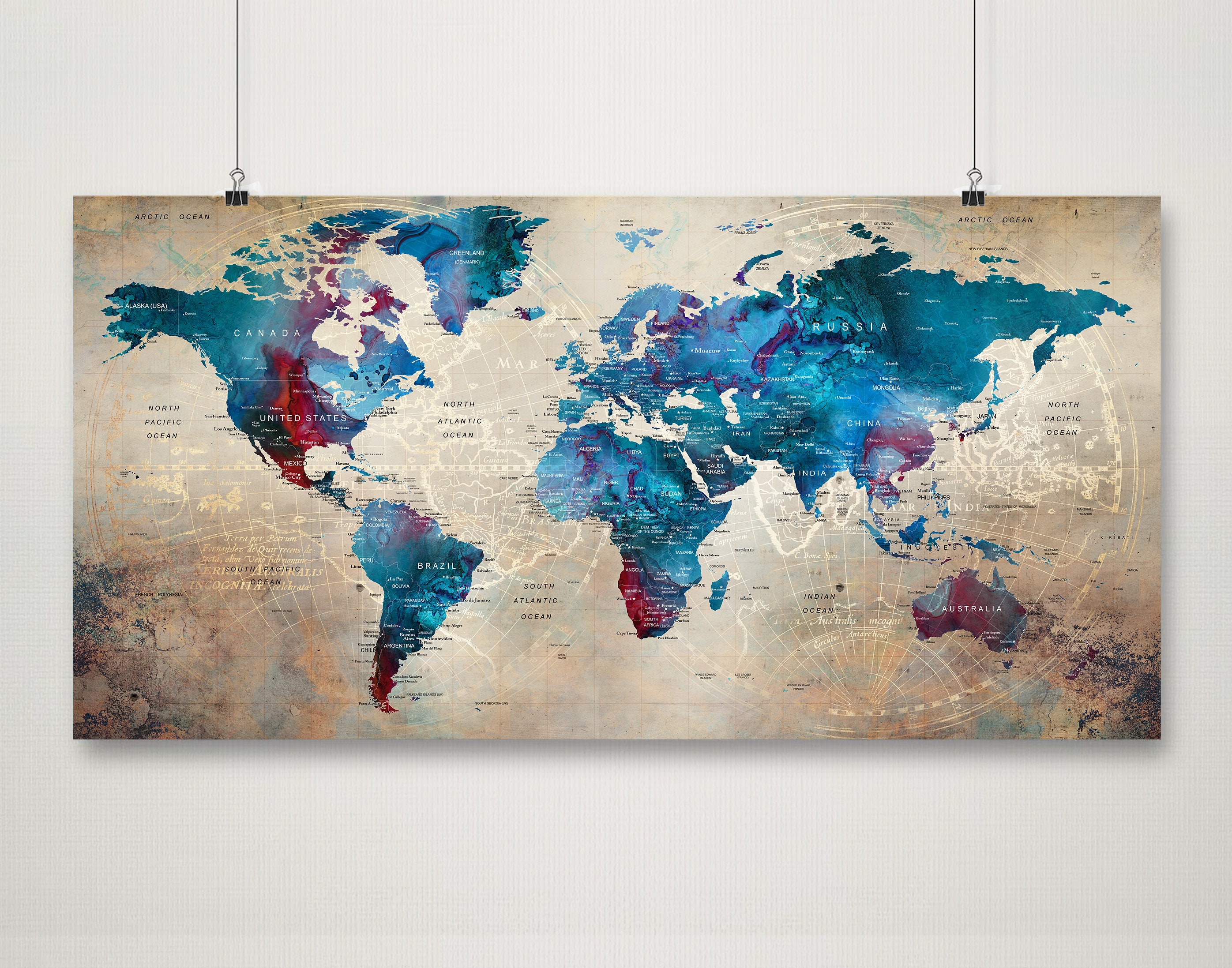 World Map Poster Art Push Pin Travel Map Executive Detailed - Etsy