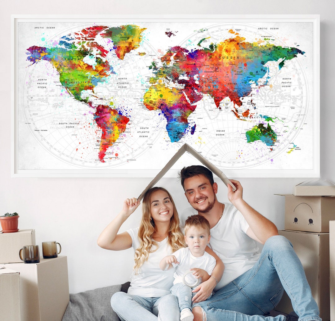 Extra Large World Map Wall Print Poster - Colorful World Map Push Pin ...