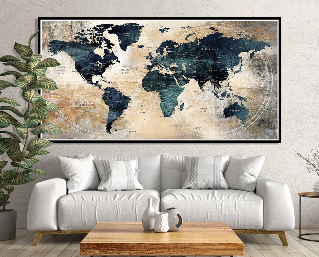 Extra Large Wall Art World Map Watercolor Poster Print Beige and Navy ...