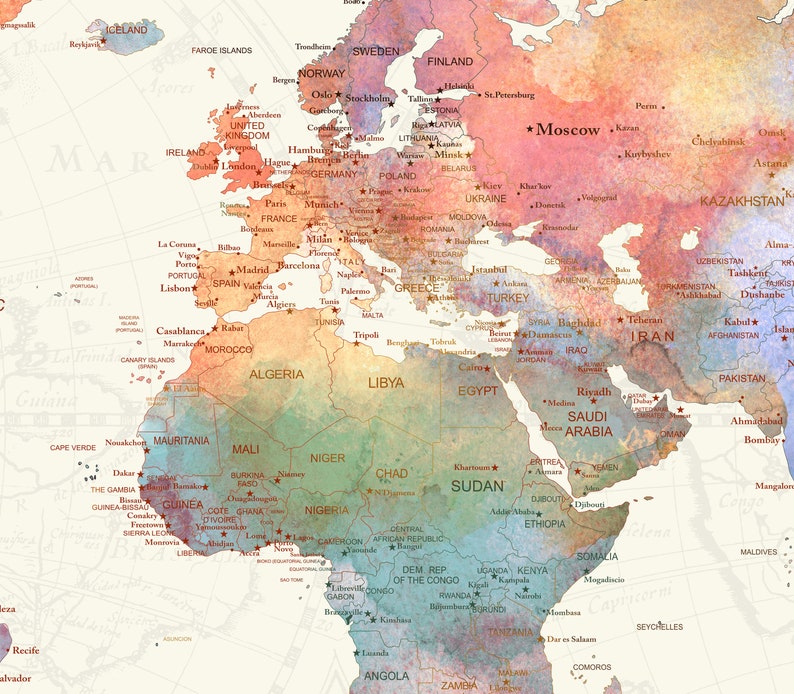 World Map Poster, Large Wall Travel Map Print, Push Pin Modern Cool Map ...