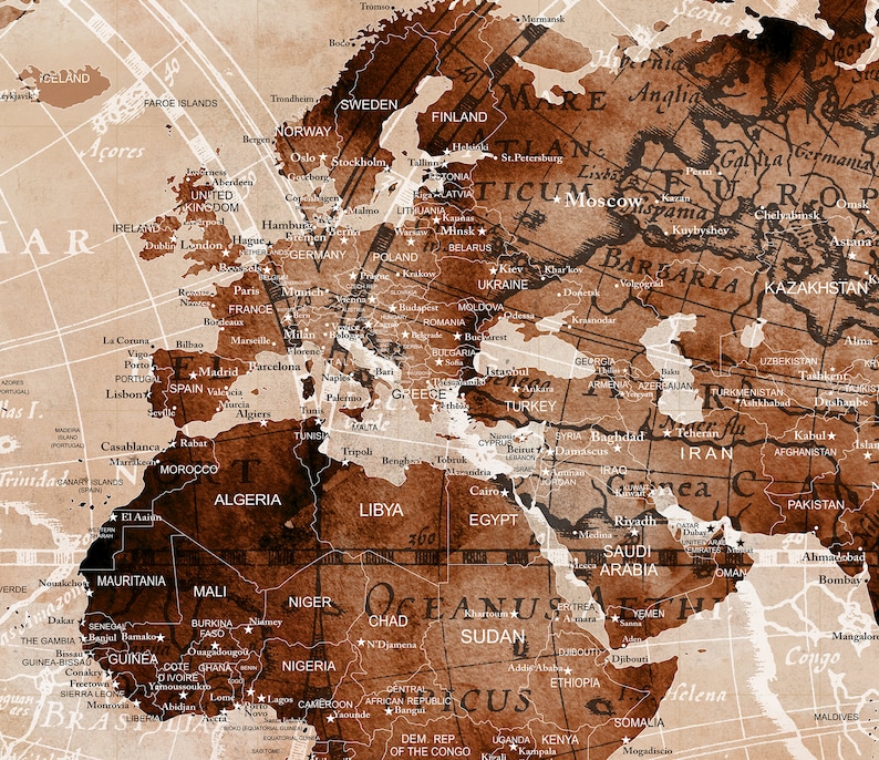 Extra Large Brown World Map Wall Art Print Poster, World Map Wall Decor ...