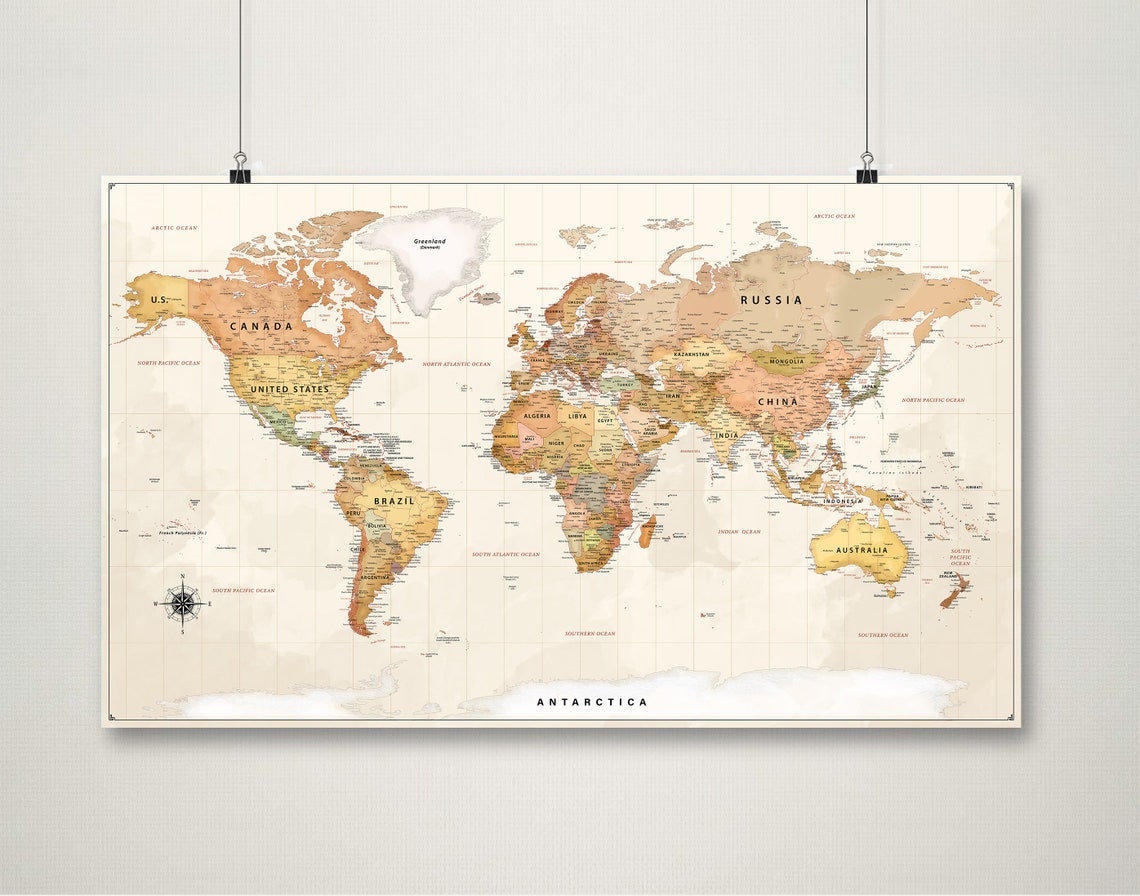 Decorative Map of the World Vintage Colored Push Pin World Map Poster ...