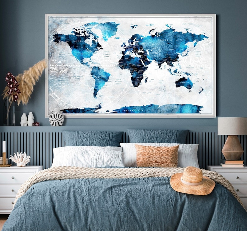 World Map Push Pin Watercolor Poster Exclusive Blue Pushpin - Etsy