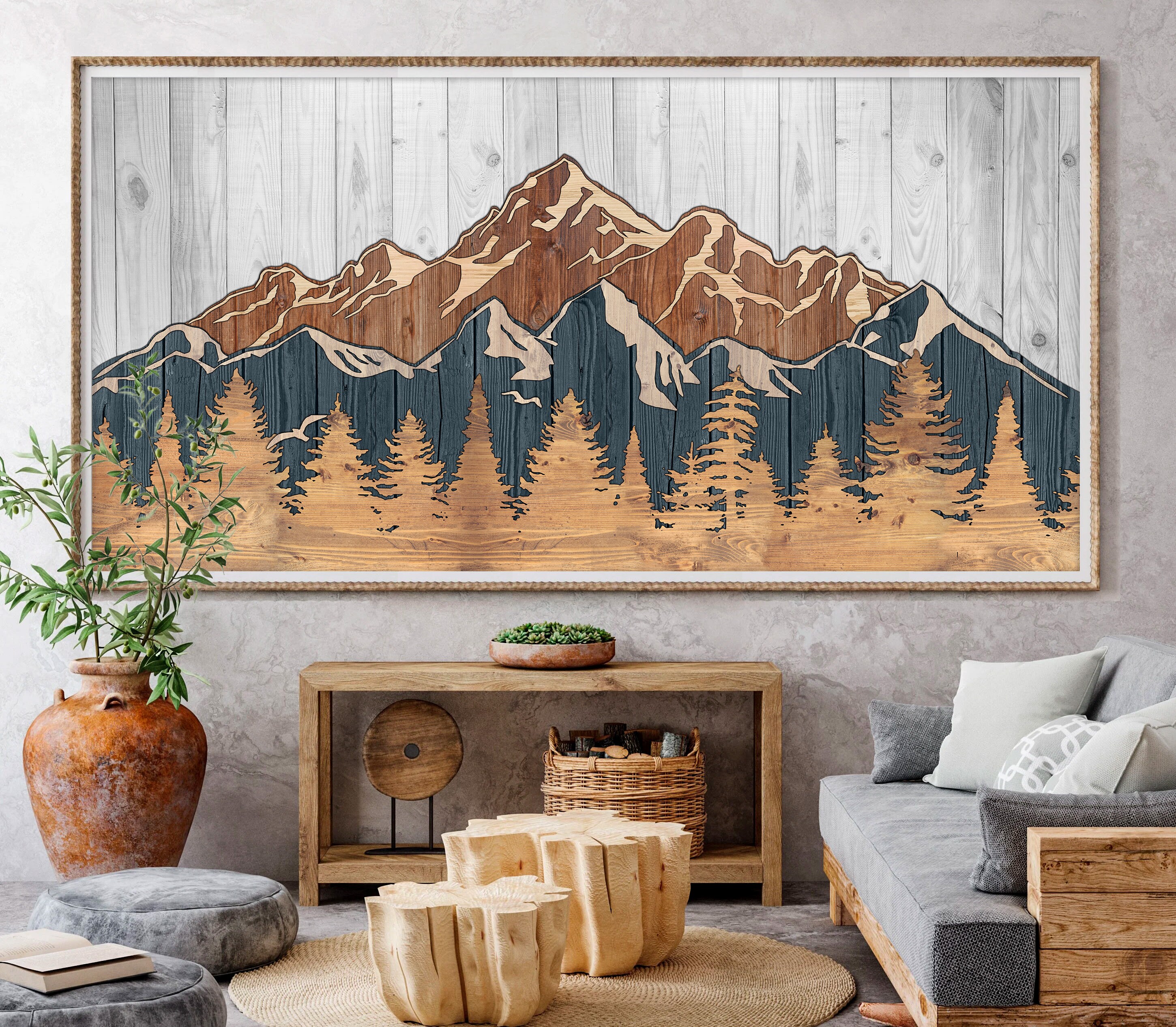 Wood Effect Wall Art Poster Mountain Range Top Print Modern - Etsy