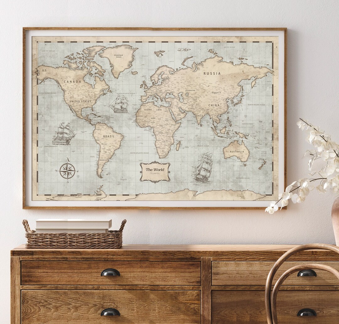 World Map Poster Wall Art, Vintage Style Adventure Push Pin Travel Map ...