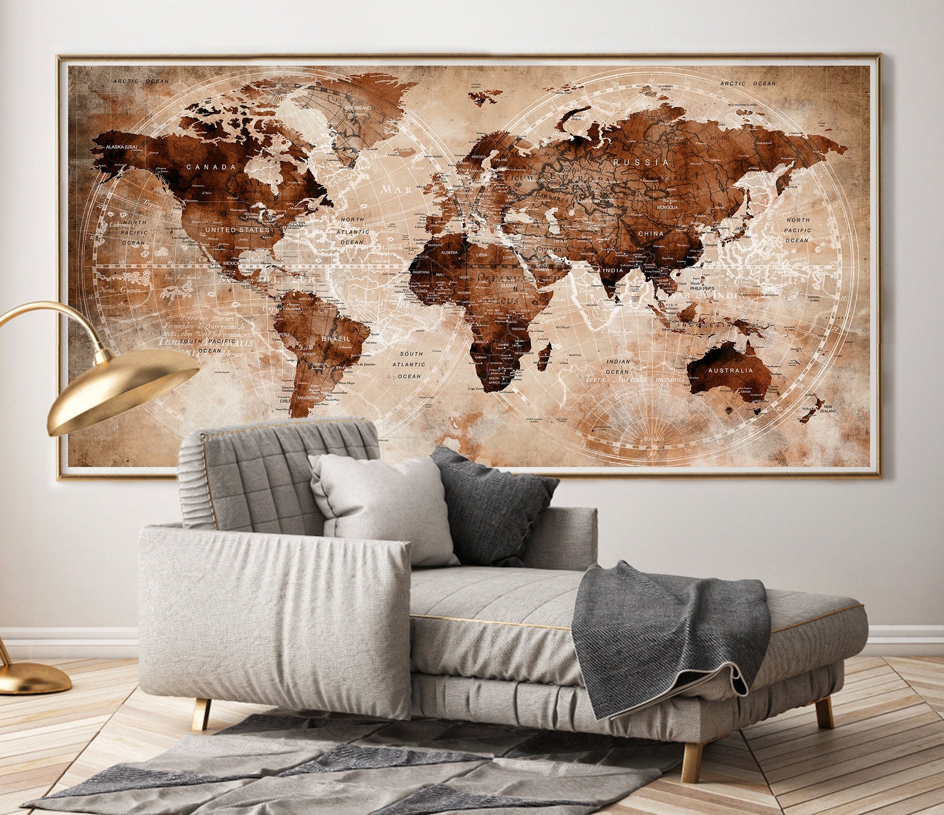 Extra Large Brown World Map Wall Art Print Poster, World Map Wall Decor ...