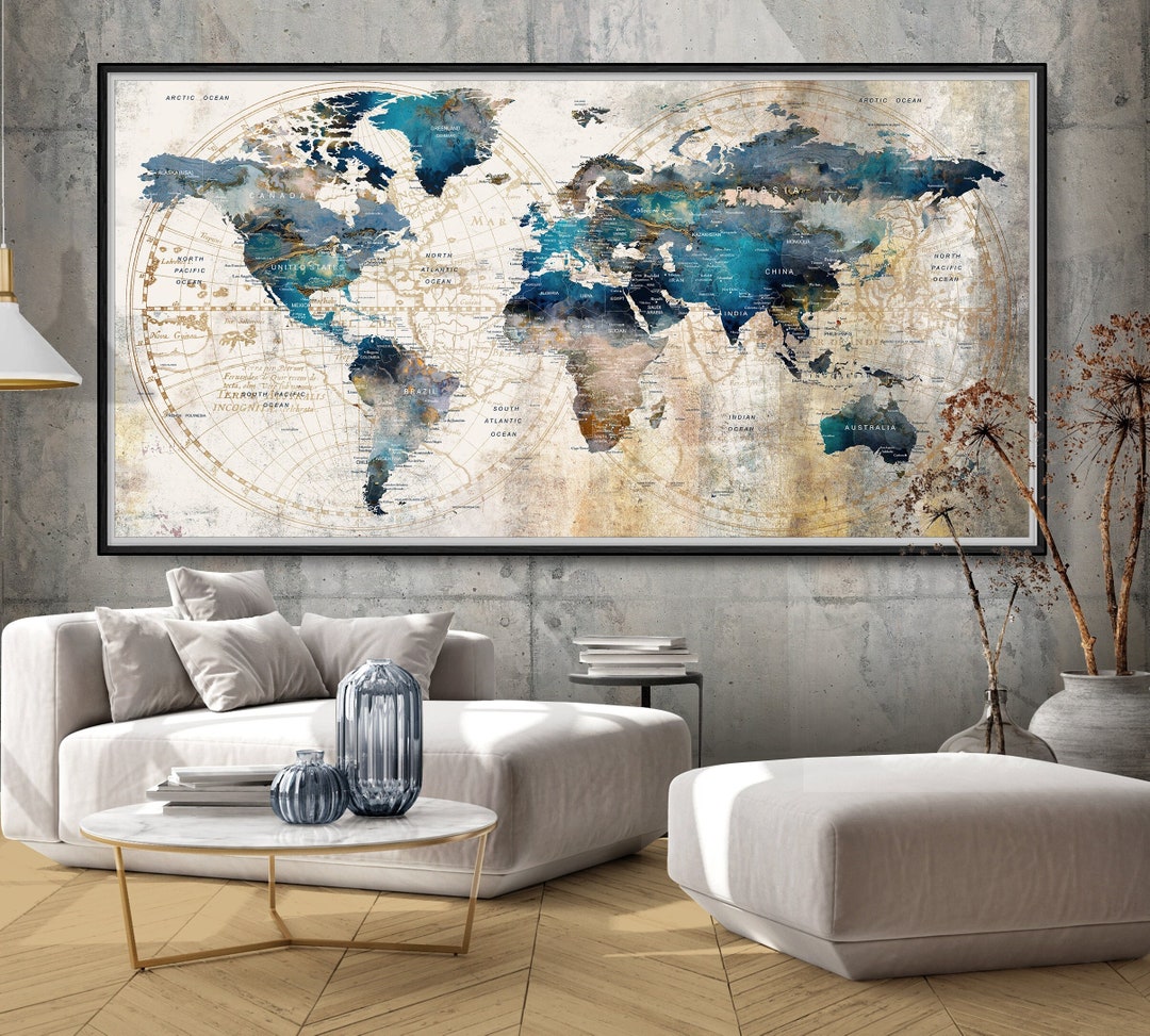 World Map Wall Art Poster, Push Pin Adventure Map, Blue Sepia World Map ...