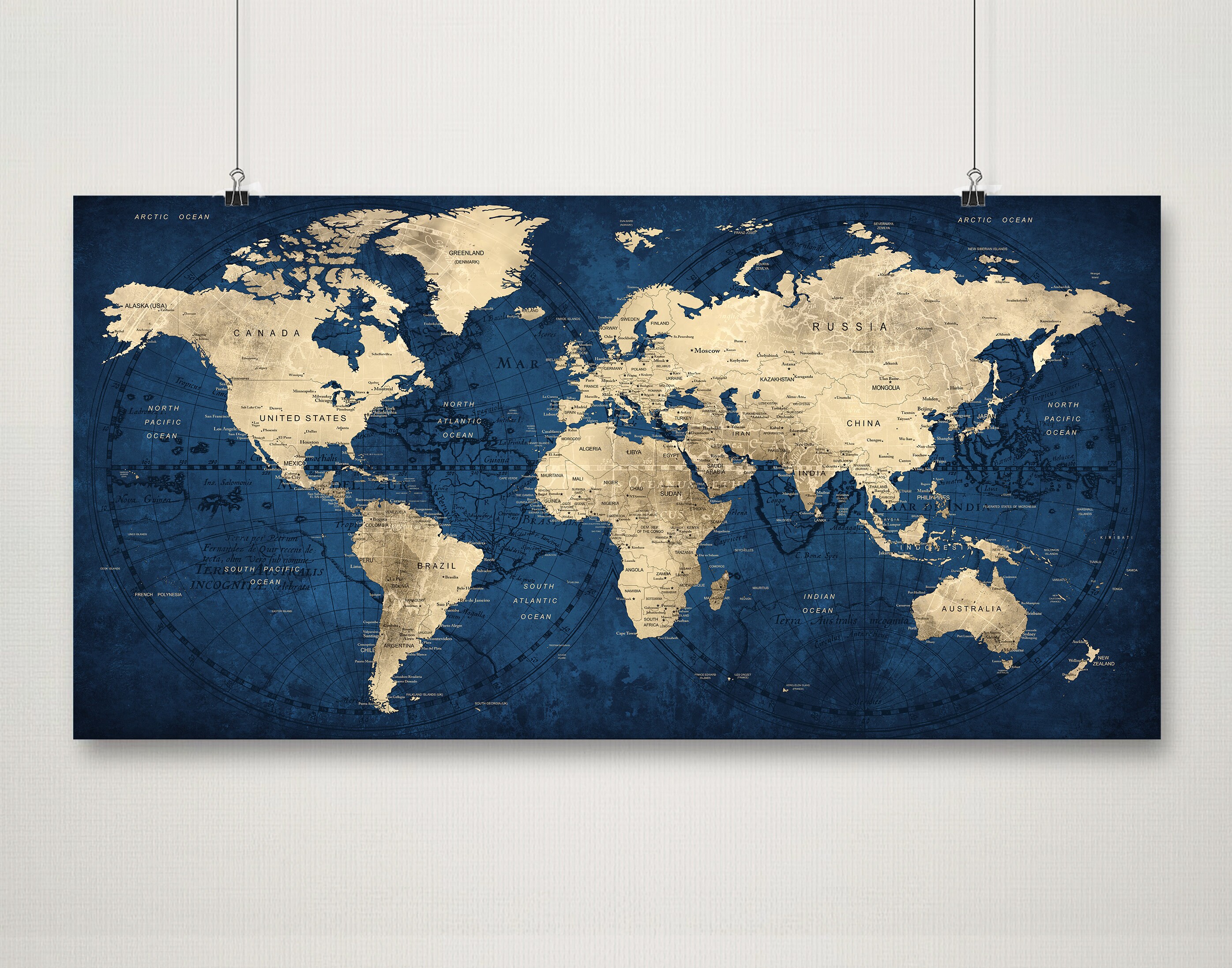 Push Pin World Map, Large Brown Personalized Wall Art Poster Gifts for ...