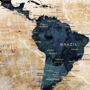 Extra Large Wall Art World Map Watercolor Poster Print Beige and Navy ...