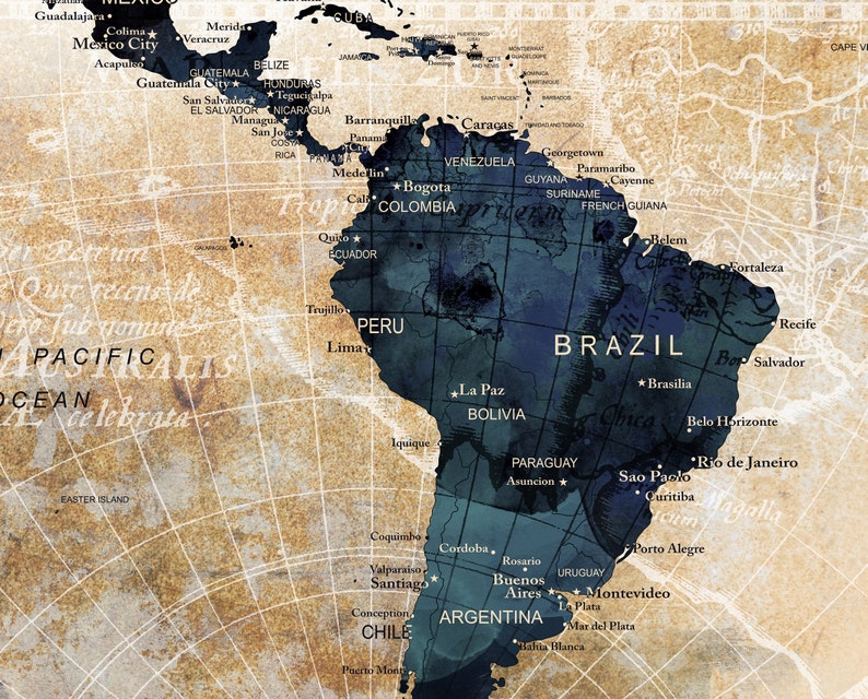 Extra Large Wall Art World Map Watercolor Poster Print Beige and Navy ...