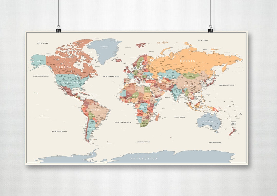Classic World Map, Large World Map Push Pin Modern Travel Map Poster ...