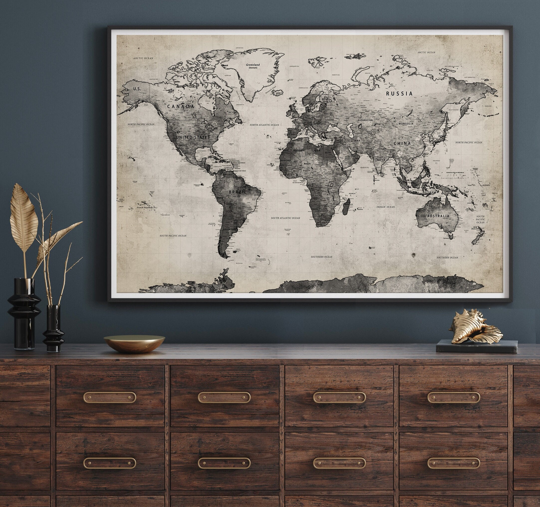 Large Vintage Style World Map Wall Art Poster, Old Sepia Color Map of ...