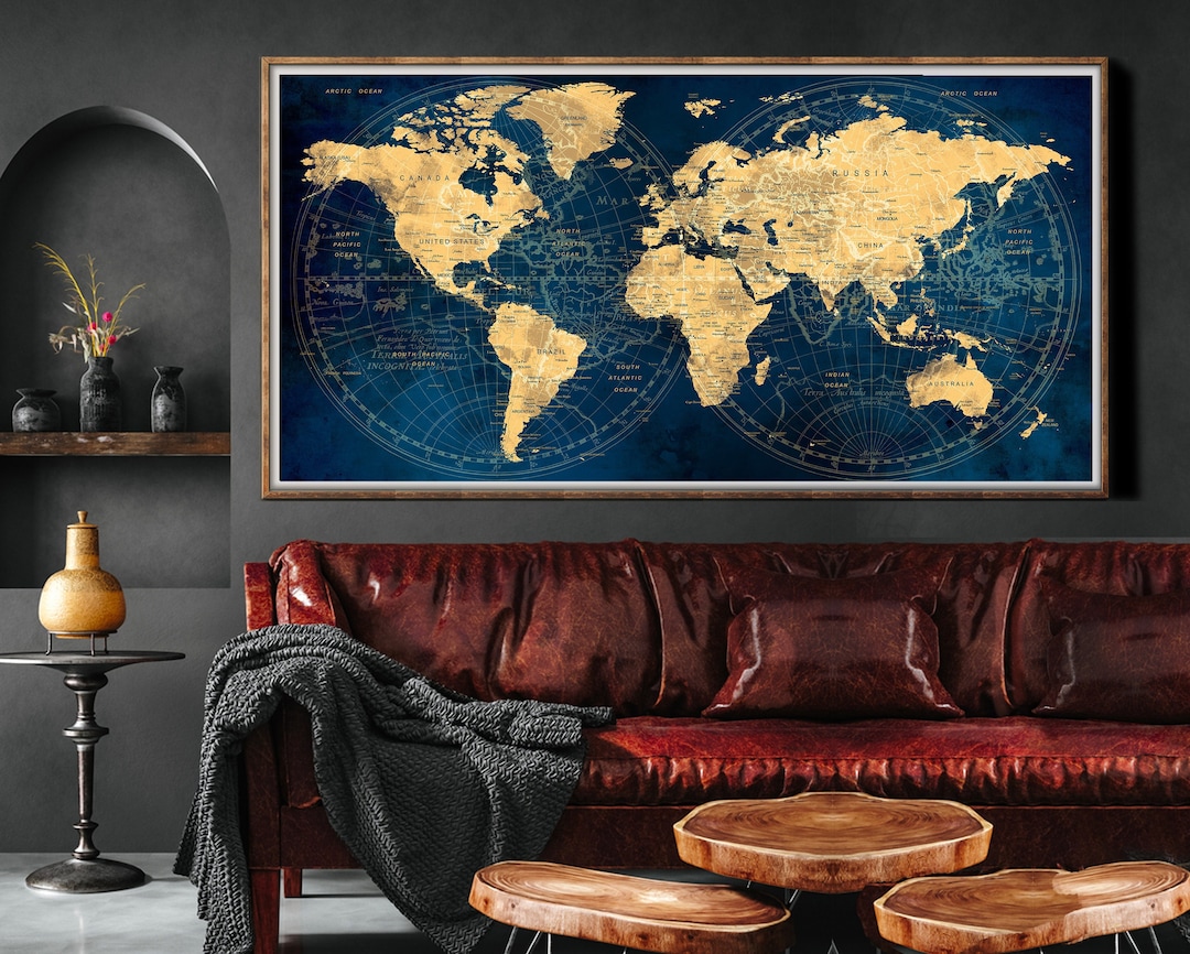 Navy Blue World Map Poster, Personalized Push Pin Travel Art - Etsy