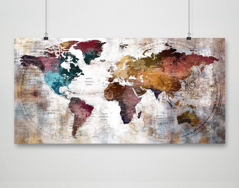 Large World Map Wall Art: Multi Color Push Pin Travel Decor - Etsy