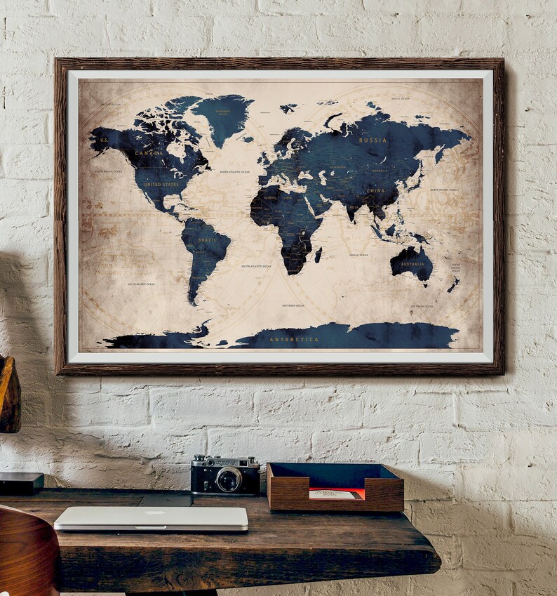 Extra Large World Map Navy Blue Wall Art Poster Push Pin - Etsy