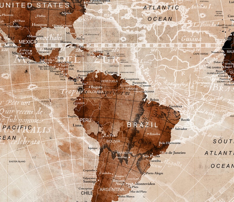 Extra Large Brown World Map Wall Art Print Poster, World Map Wall Decor ...
