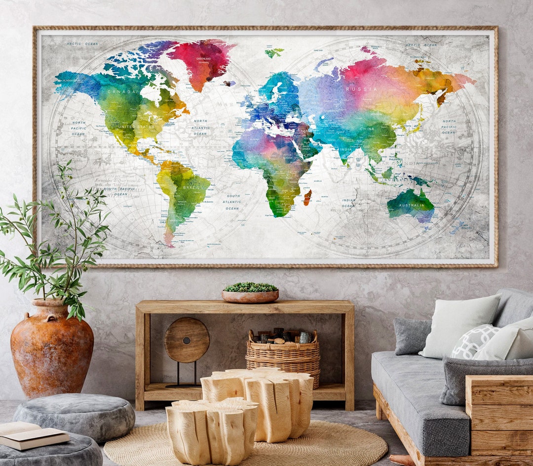 World Map Wall Art Extra Large Abstract Art Print World Map Colorful ...
