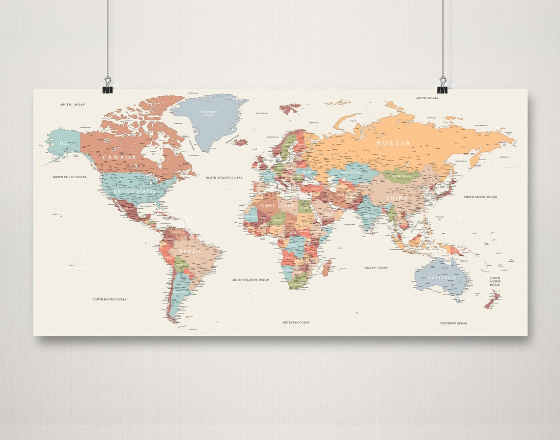 Large World Map Poster: Colorful Push Pin Travel Map, Modern Wall Art ...