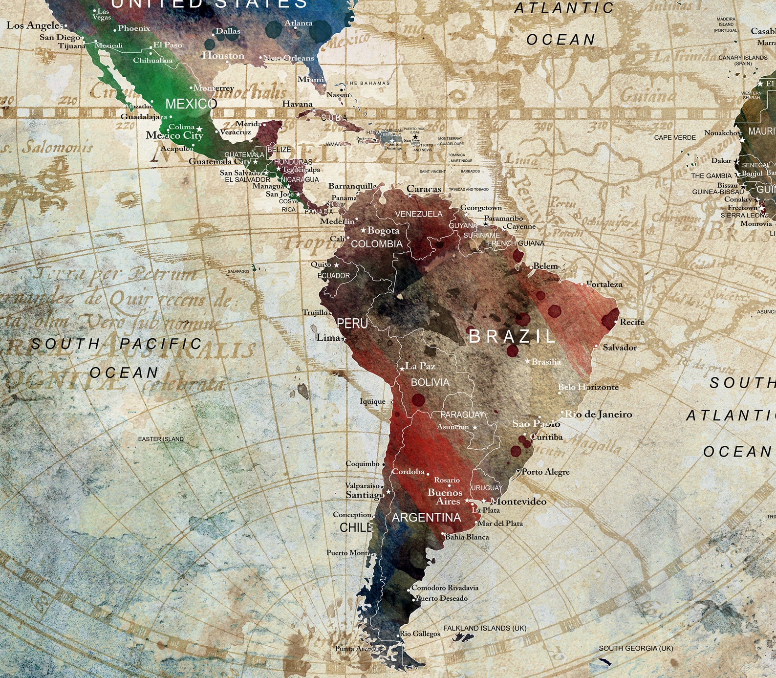 Large World Map Push Pin Executive Style Watercolor Pin World Map ...