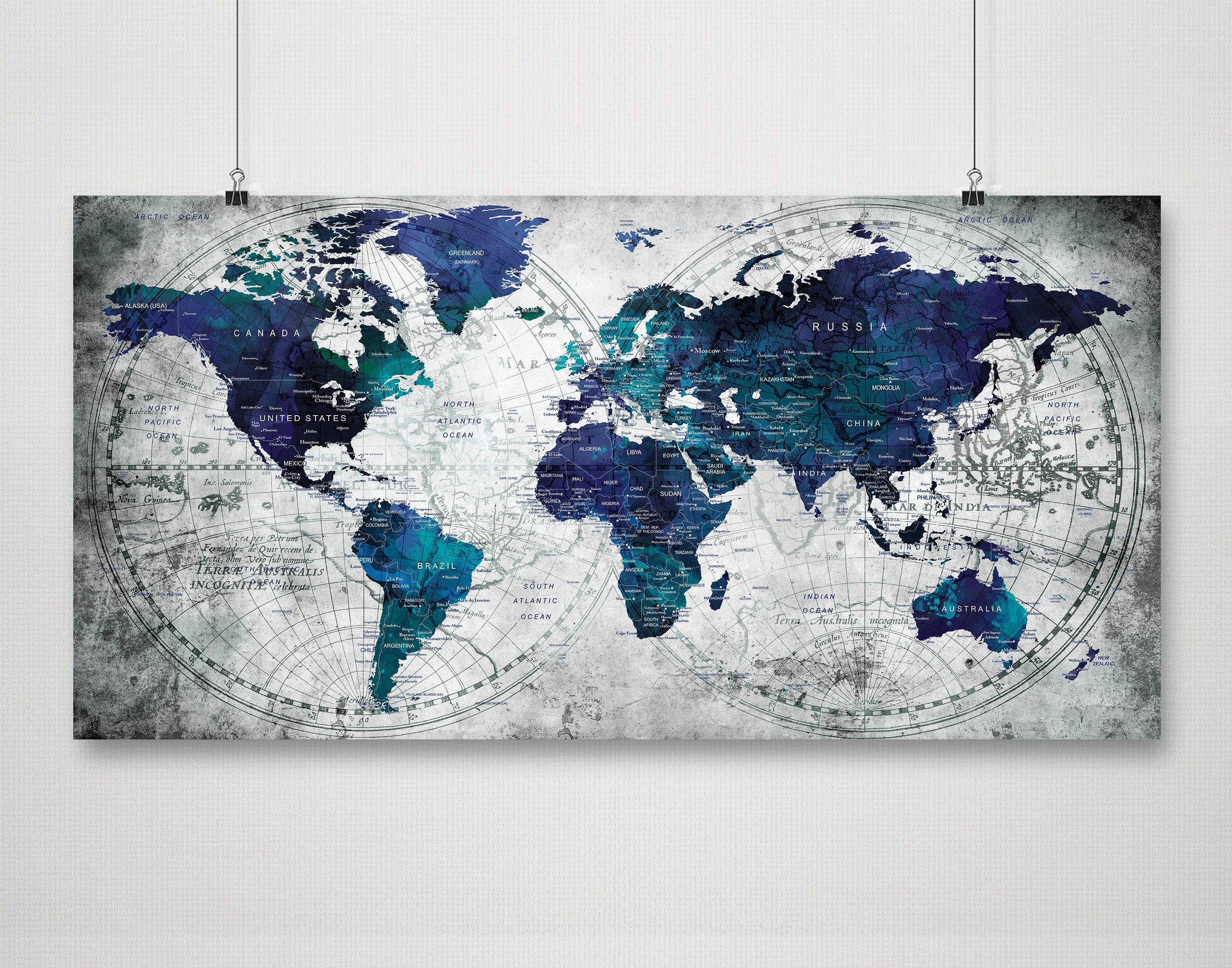 5th Anniversary Gift for Husband, Deep Blue World Map Wall Art, Hanging ...