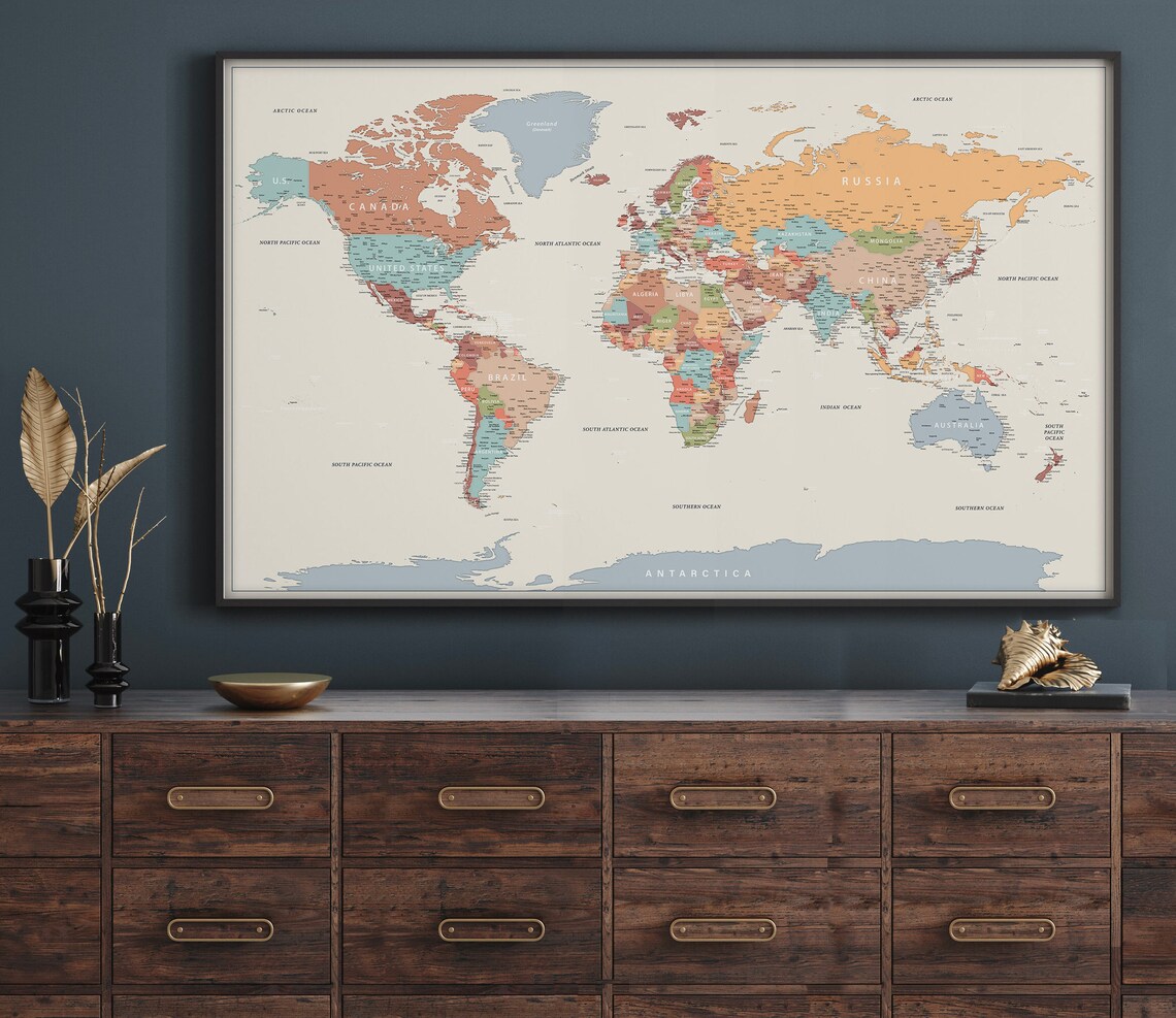 Classic World Map, Large World Map Push Pin Modern Travel Map Poster ...