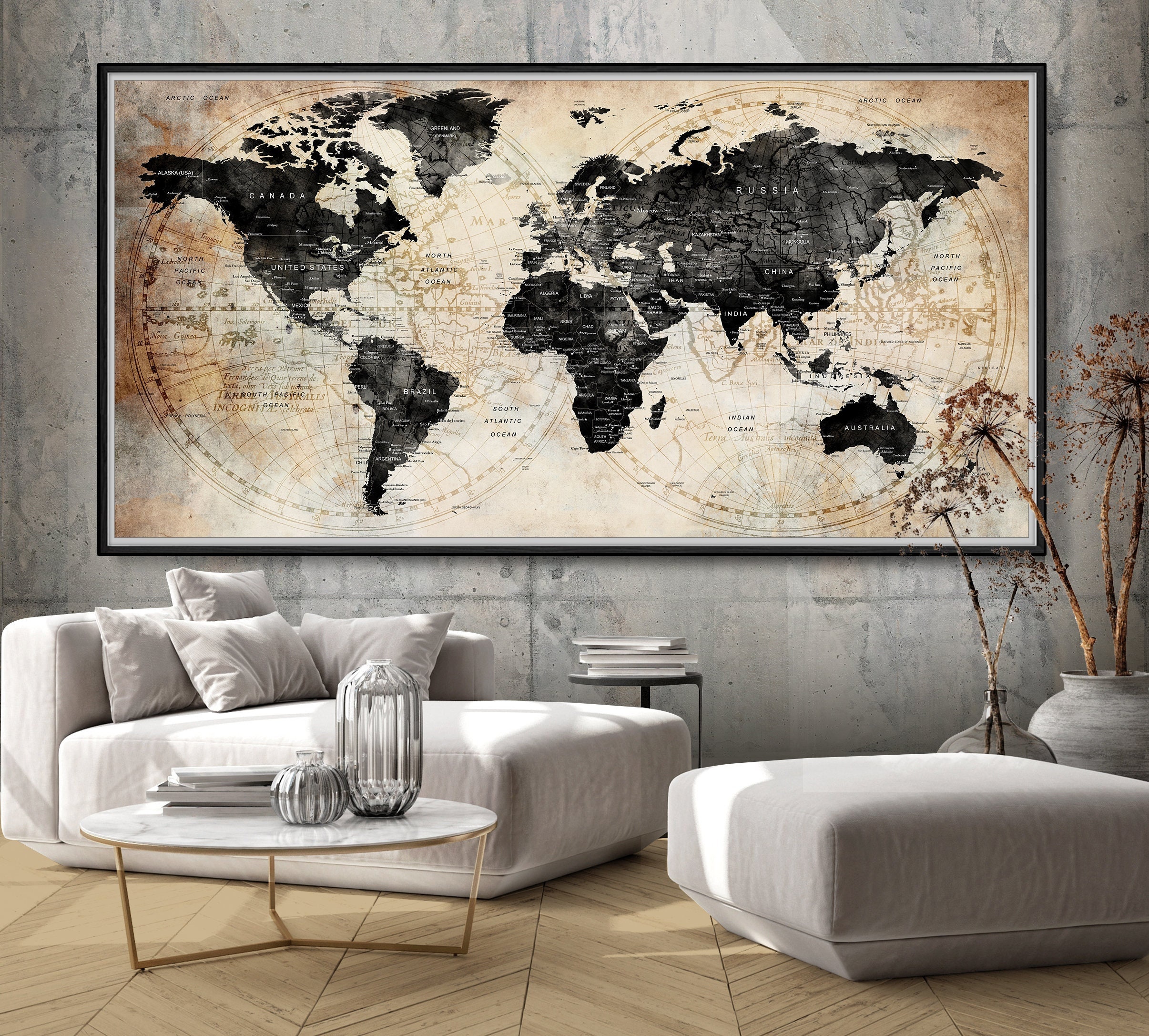 World Map Wall Art Black Map of the World Print on Poster Sepia ...