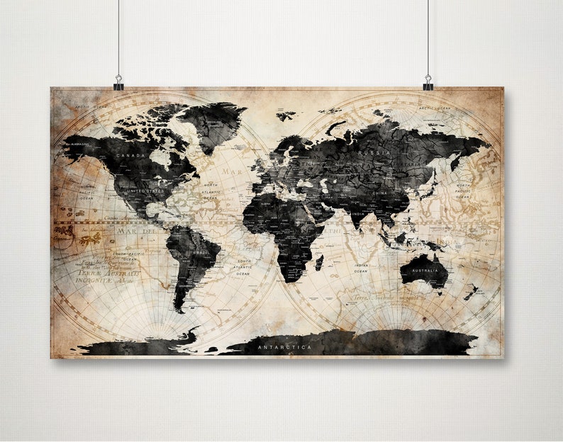 Large World Map Poster Print Black and Sepia World Map - Etsy