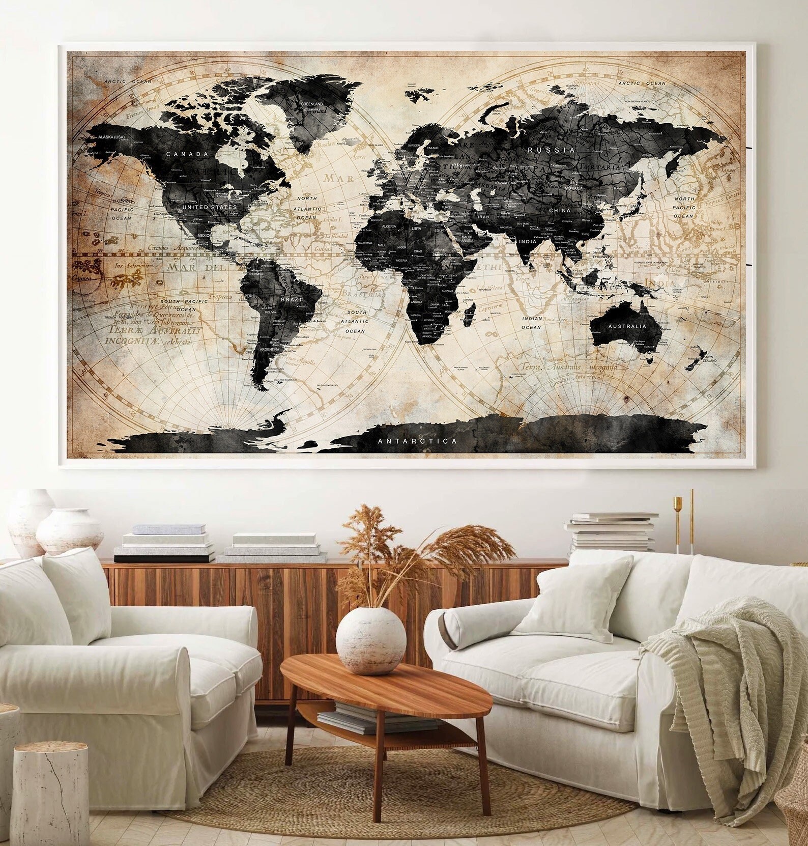 Large World Map Poster Print Black and Sepia World Map - Etsy