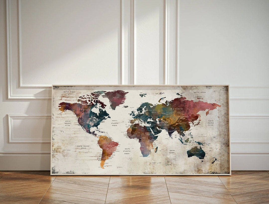 Mid Century Modern World Map Print, Modern Horizontal Wall Art Print ...