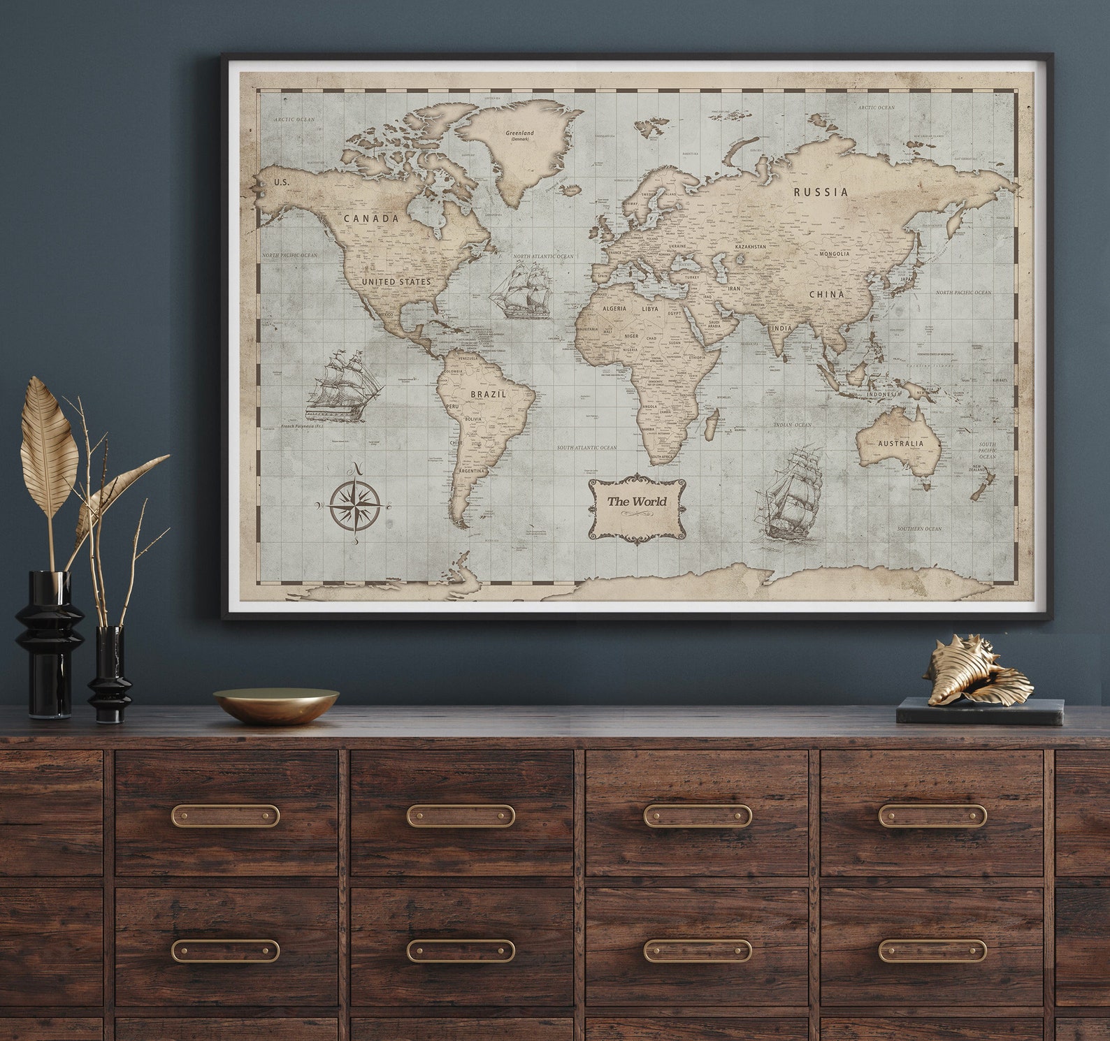 World Map Poster Wall Art, Vintage Style Adventure Push Pin Travel Map ...