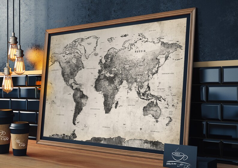 Large Vintage Style World Map Wall Art Poster, Old Sepia Color Map of ...