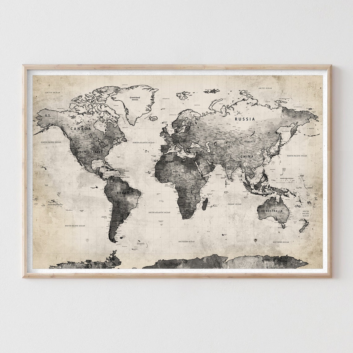 Large Vintage Style World Map Wall Art Poster, Old Sepia Color Map of ...