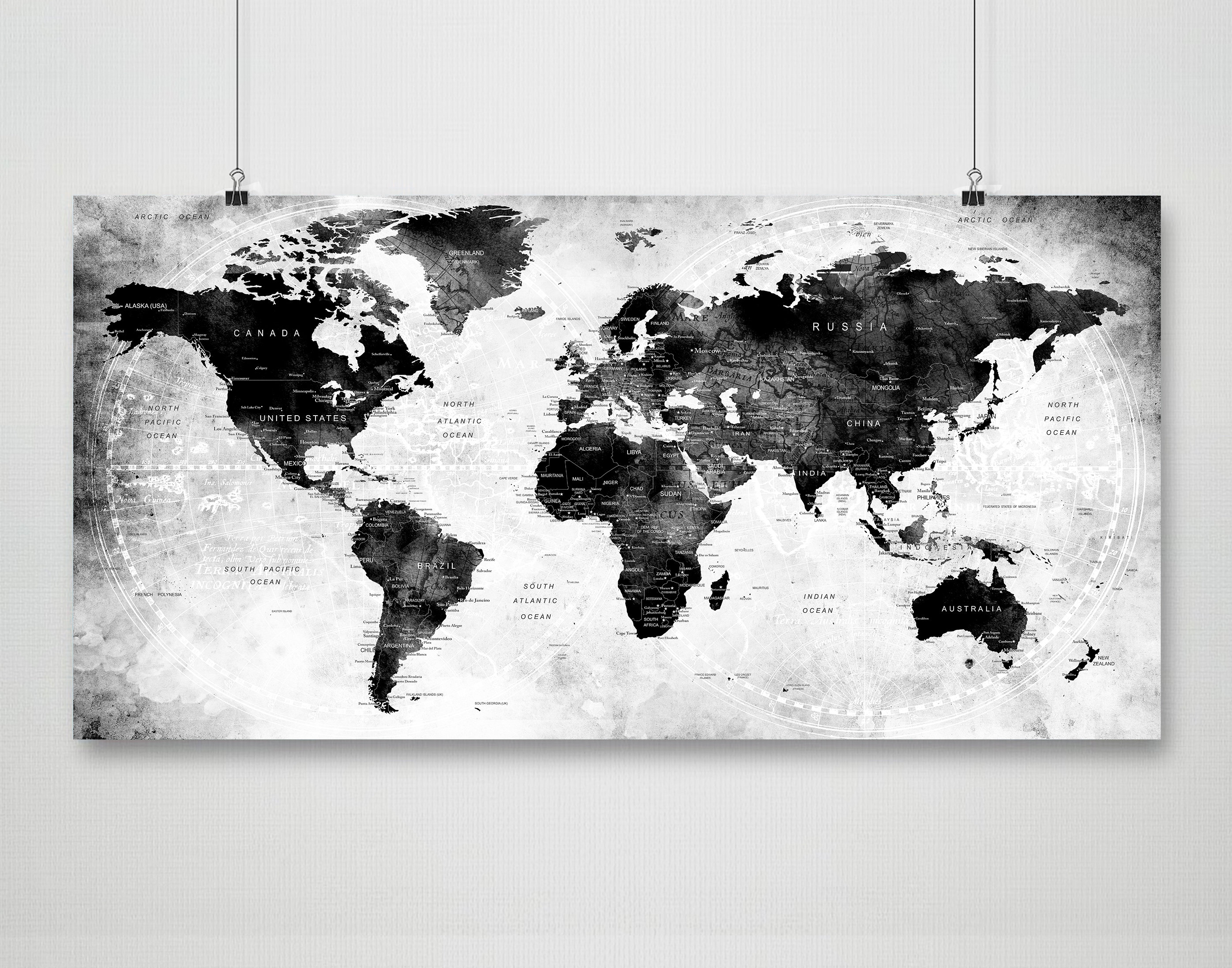 Black and White Large World Map Push Pin Executive Style Gift Wall ...