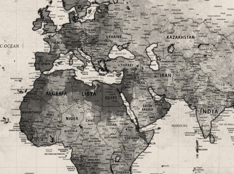 Large Vintage Style World Map Wall Art Poster, Old Sepia Color Map of ...