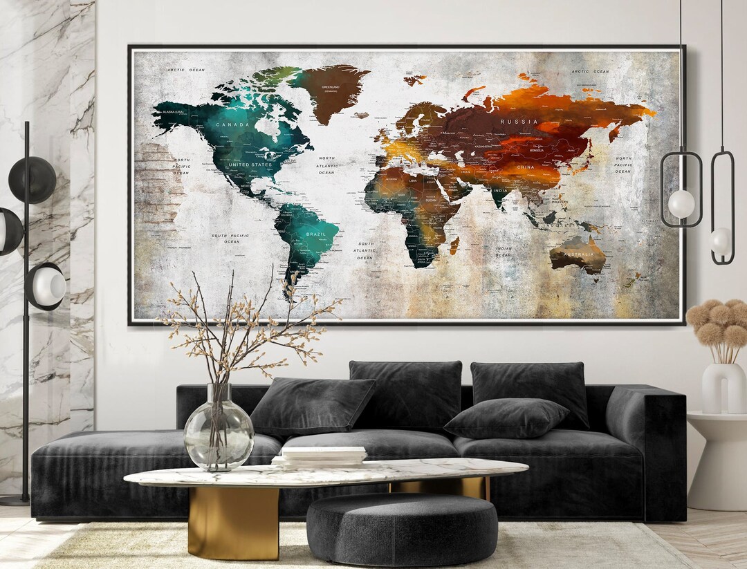 Modern World Map Wall Art, Push Pin Travel Map, Home Wall Decor, 5th ...