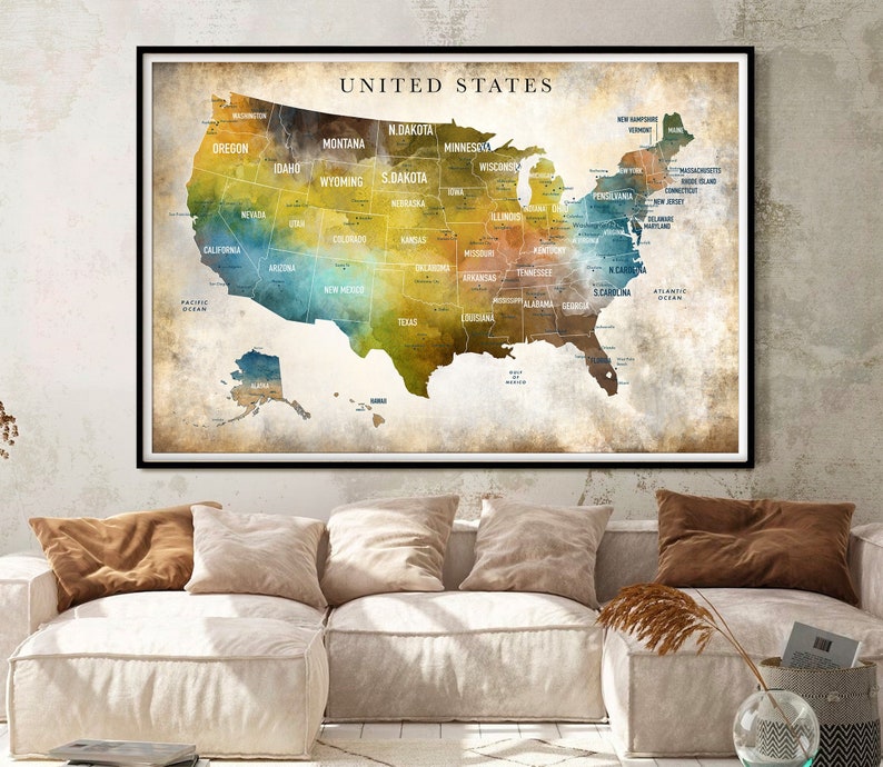 USA Map Wall Art Print on Poster Colorful American Map Print Modern ...