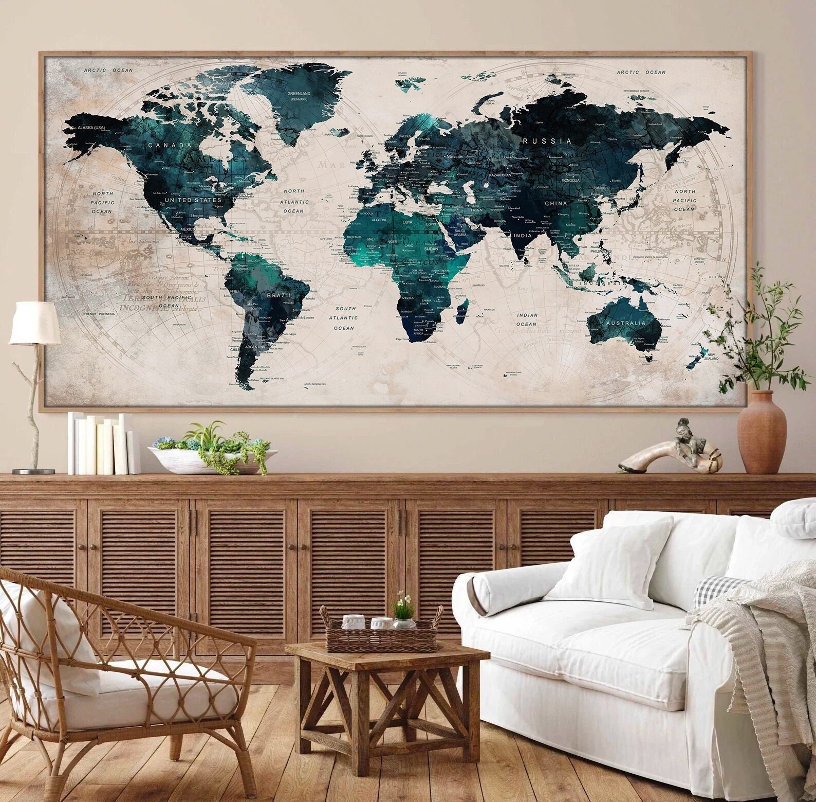 World Map Poster, World Map Decor Large World Map Travel Art Push Pin ...