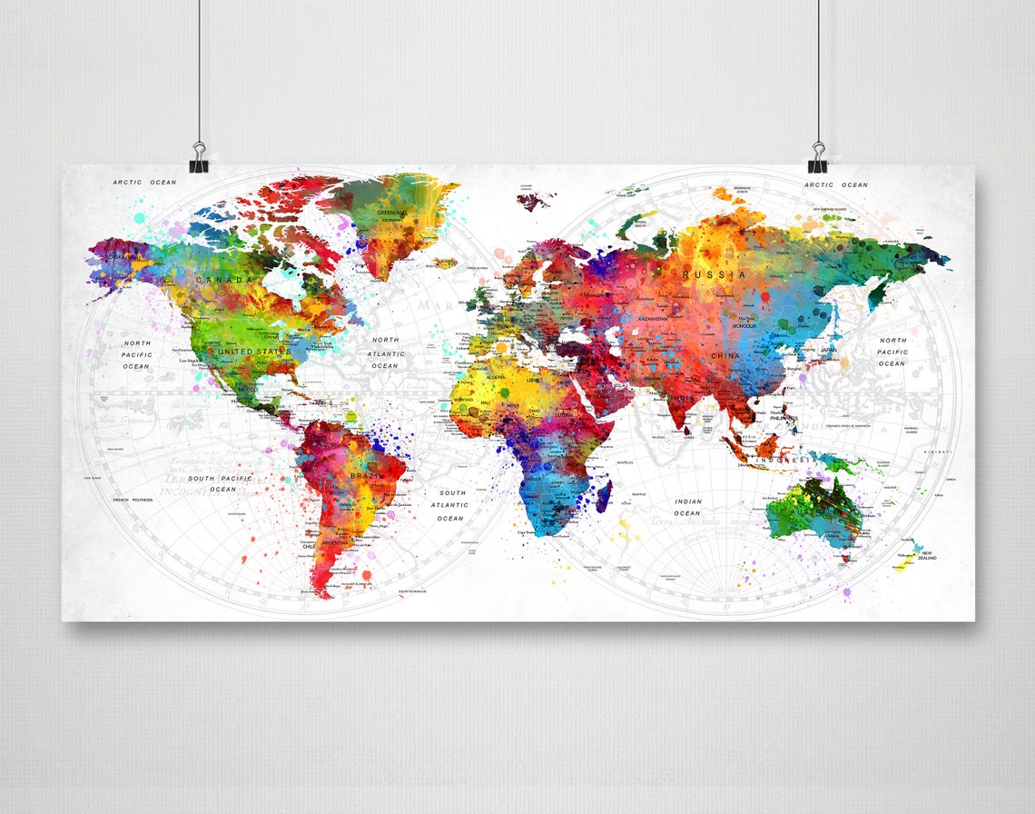 Extra Large World Map Wall Print Poster Colorful World Map Push Pin ...