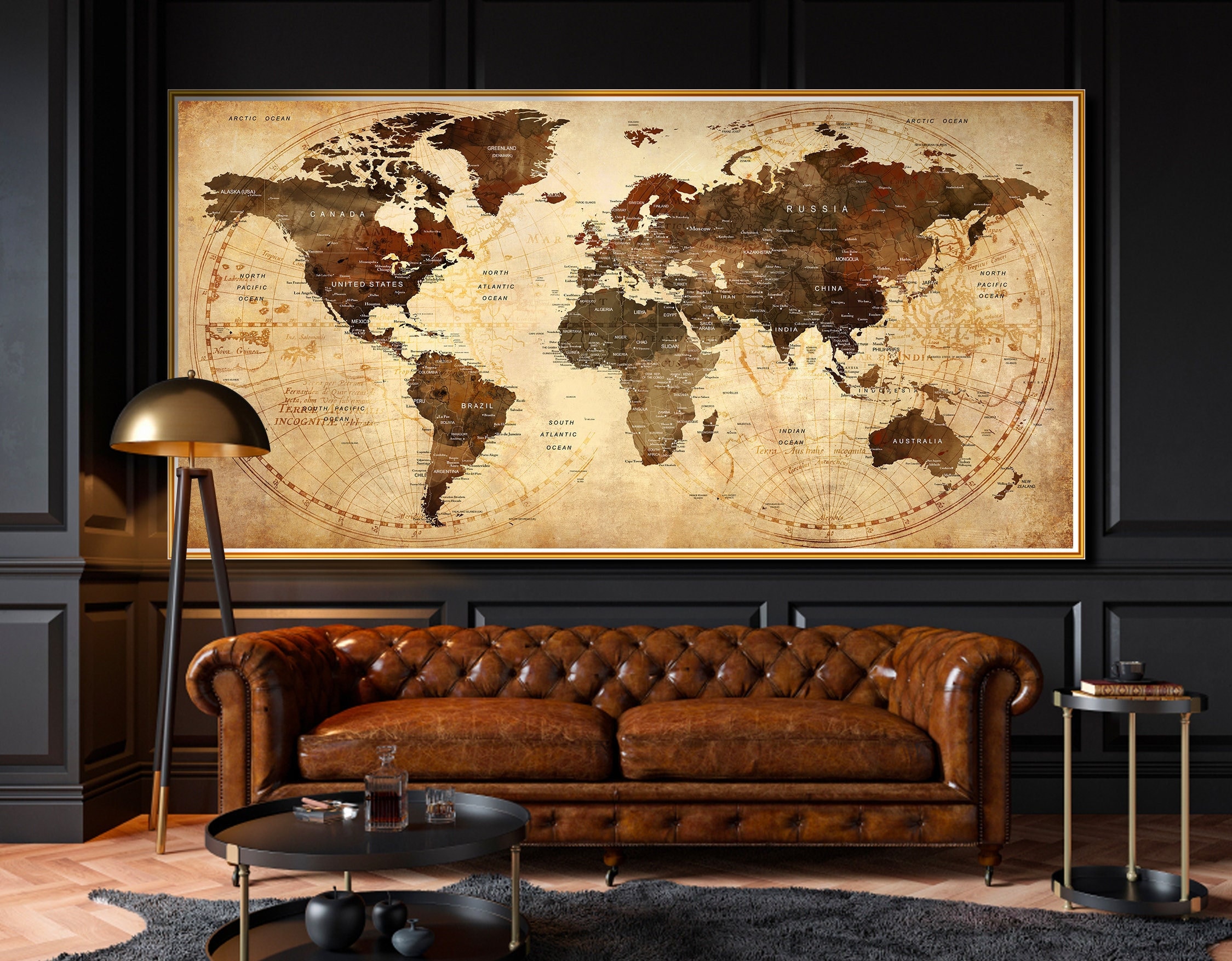 Large World Map Art Print: Vintage Style Home Decor - Etsy UK