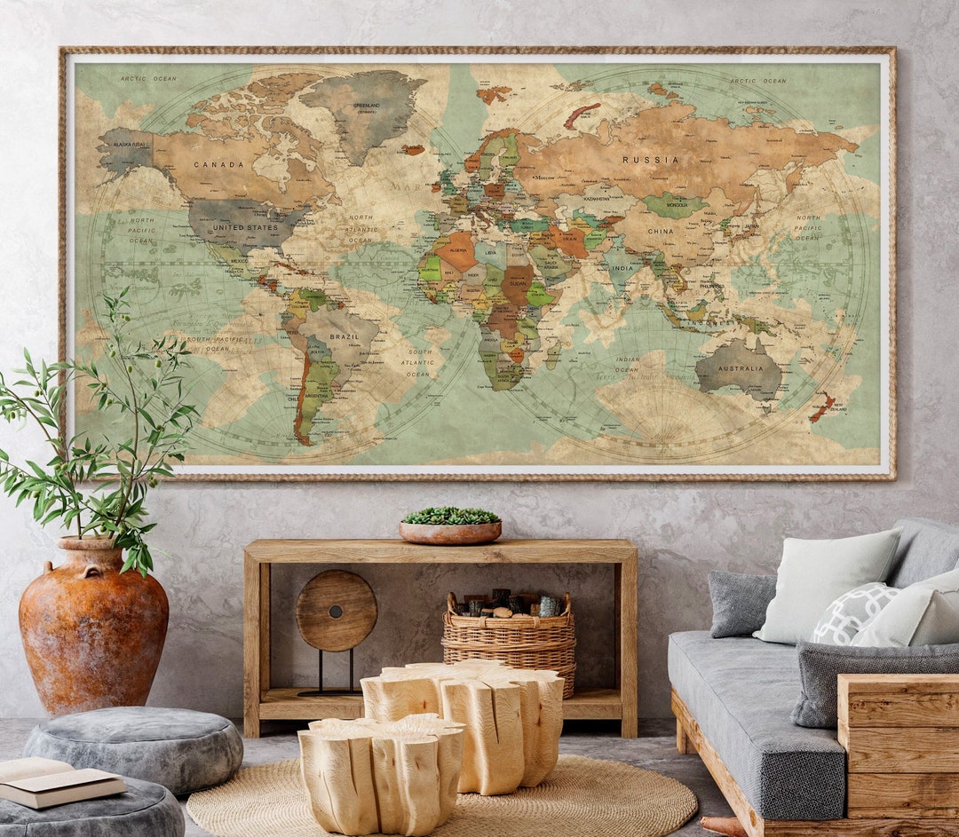 Large World Map Poster: Modern Home Decor, Living Room Art - Etsy