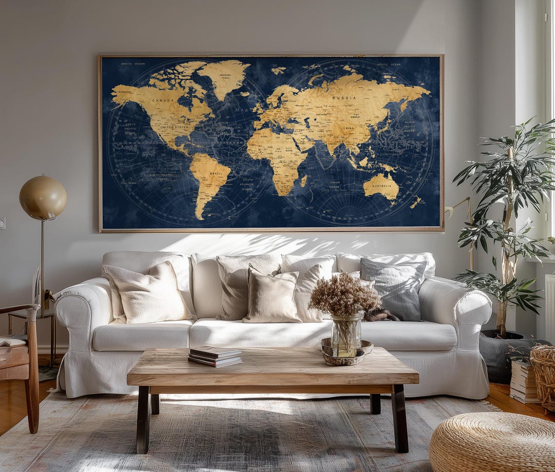 Navy Blue World Map Art Print: Push Pin Travel Map, Living Room Decor ...