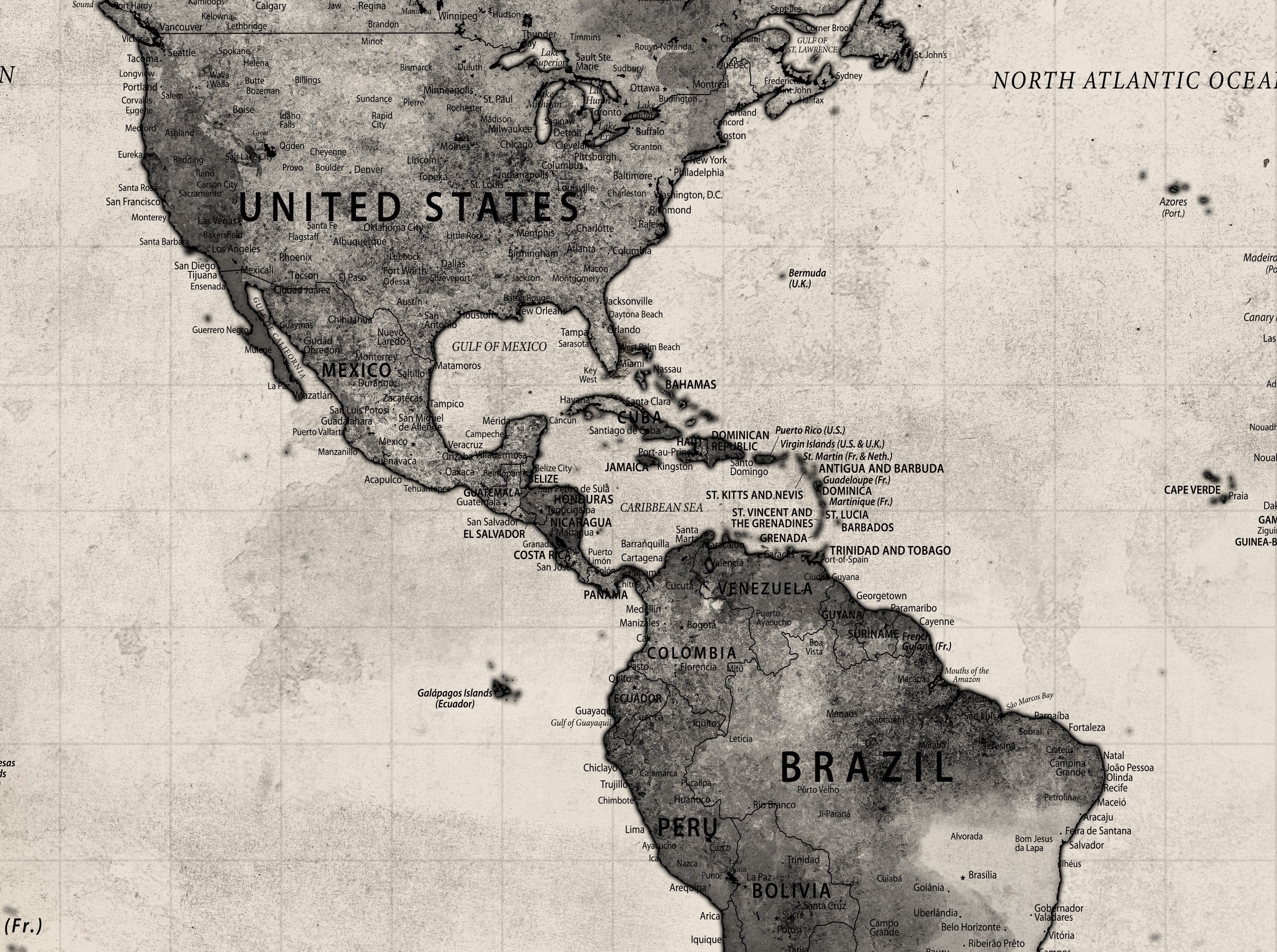 Large Vintage Style World Map Wall Art Poster, Old Sepia Color Map of ...