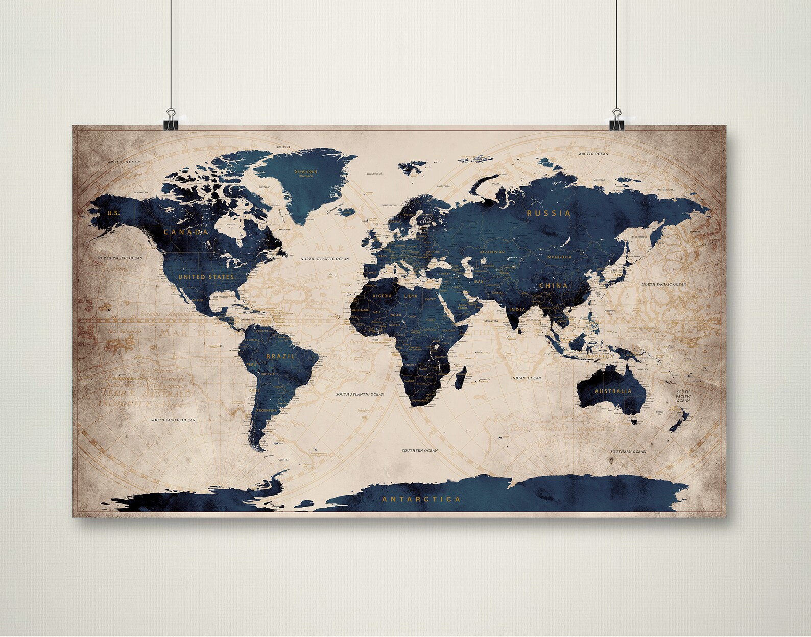 Extra Large World Map Navy Blue Wall Art Poster Push Pin - Etsy