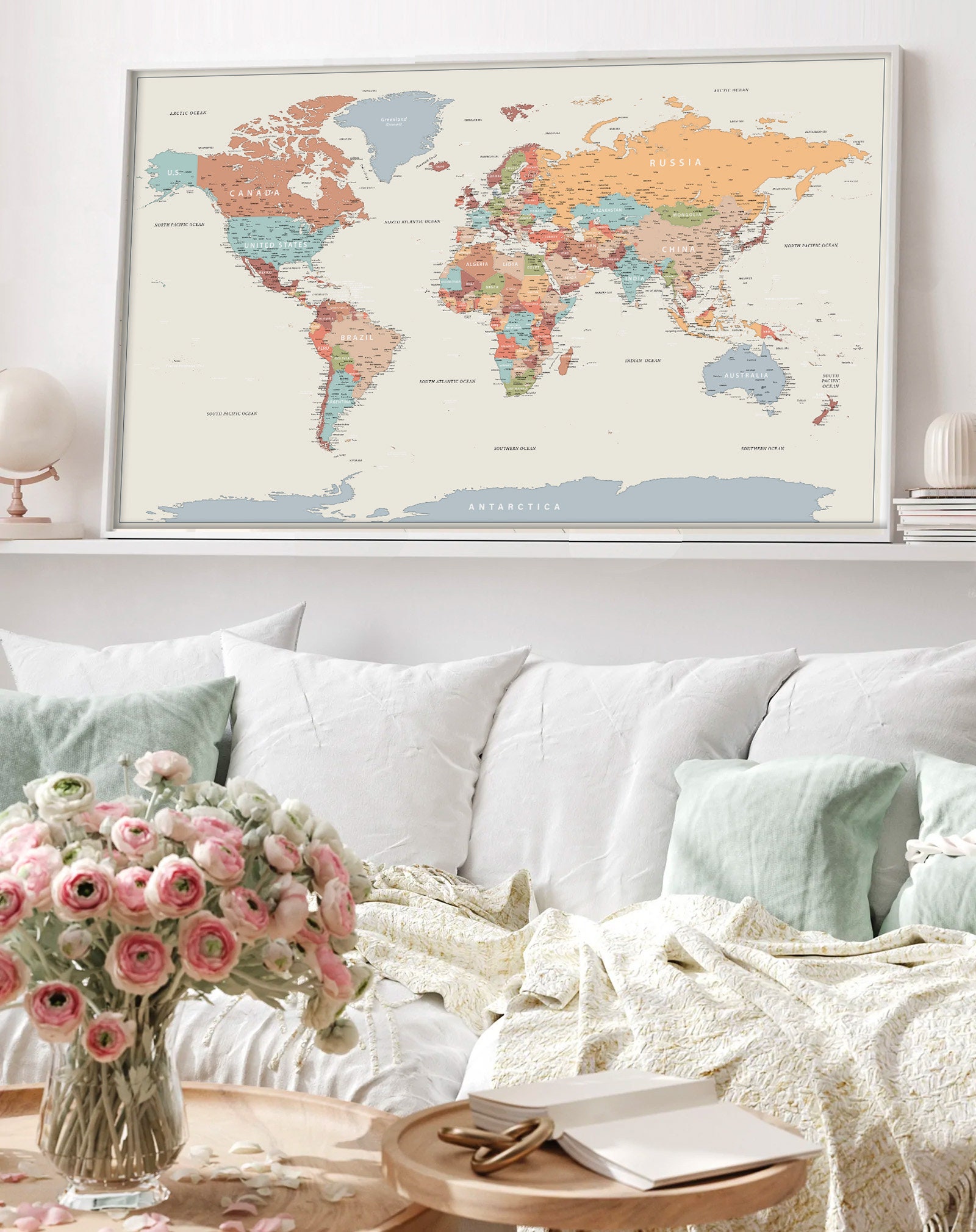 Classic World Map, Large World Map Push Pin Modern Travel Map Poster ...