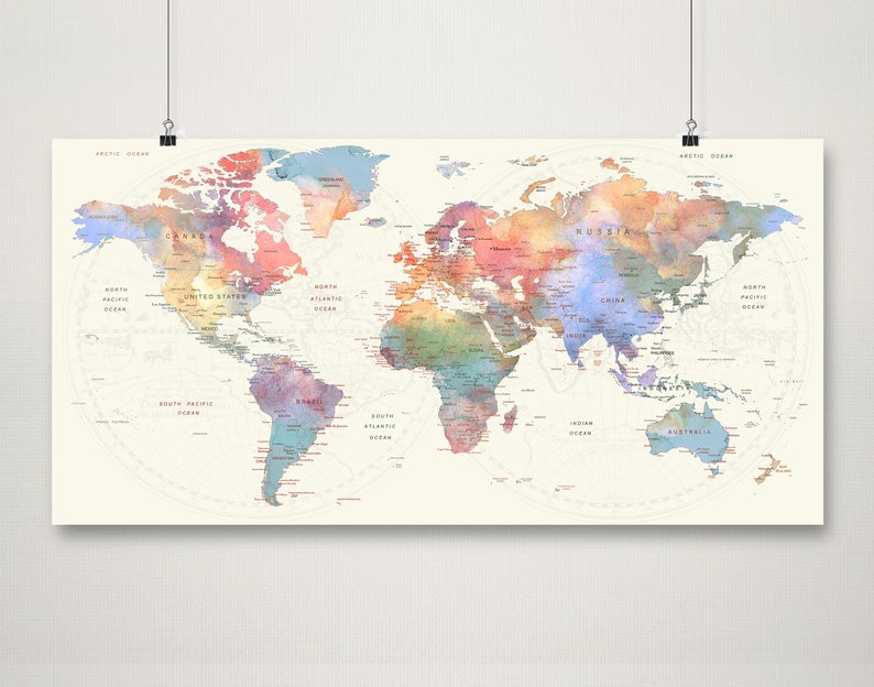 World Map Poster, Large Wall Travel Map Print, Push Pin Modern Cool Map ...